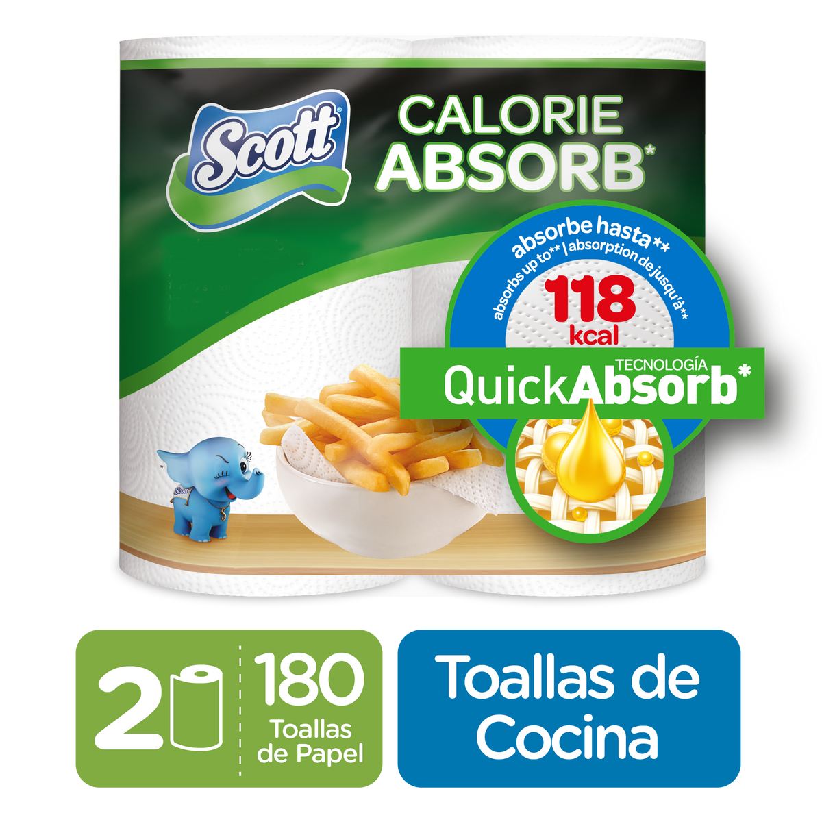 TOALLAS DE COCINA DESECHABLES SCOTT CALORIE ABSORB 2 ROLLOS | Super del ...